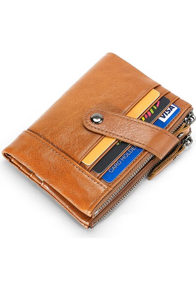 Unik Love Erkek Hakiki Deri Çift Fermuarlı Cüzdan - Açık Kahverengi (Yurt Dışından)