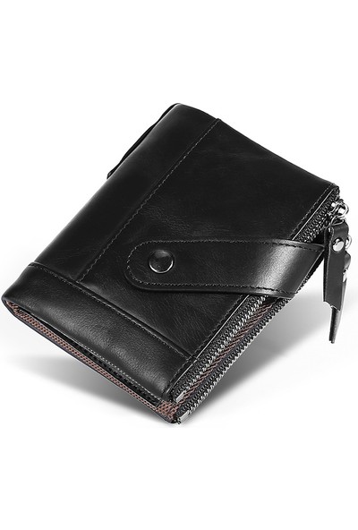 Unik Love Erkek Hakiki Deri Çift Fermuarlı Cüzdan - Siyah (Yurt Dışından)