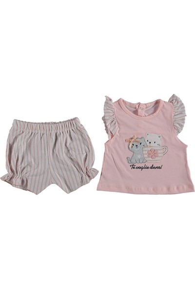 Cracker Baby Çizgili Şortlu Nakışlı 2li Kız Takım 6 Ay,12 Ay,18 Ay Kız