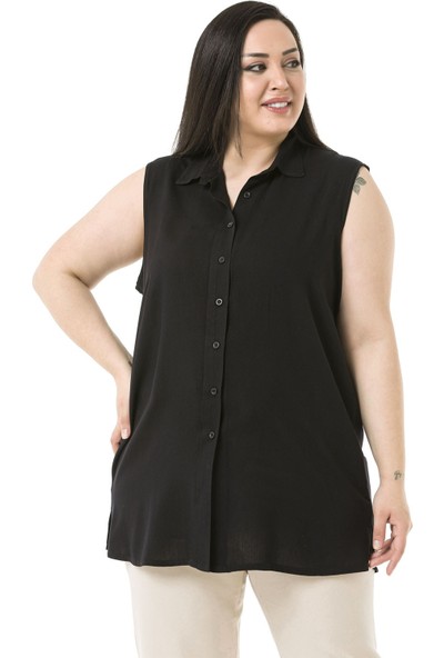 Disentis Modest Büyük Beden Yanları Yırtmaçlı Gömlek Yaka Kolsuz Siyah Bayan Gömlek