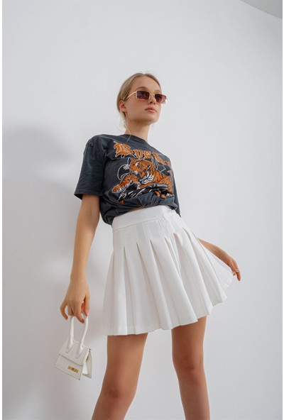 MyLove Yüksek Bel Pileli Etek Beyaz