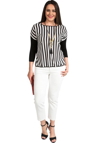 Zer Otantik Zerotantik Önü Çizgili Büyük Beden Bluz Siyah-Beyaz