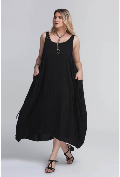 Zer Otantik Zerotantik Kolsuz Uzun Büyük Beden Elbise Siyah