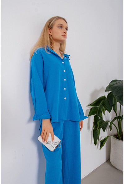 MyLove Oversize Ham Keten Gömlek Saks Mavisi MyLove Oversize Ham Keten Gömlek Saks Mavisi