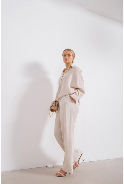 MyLove Maxii Paça Ham Keten Pantolon Taş