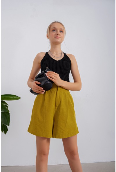 MyLove Pileli Keten Şort Yağ Yeşili