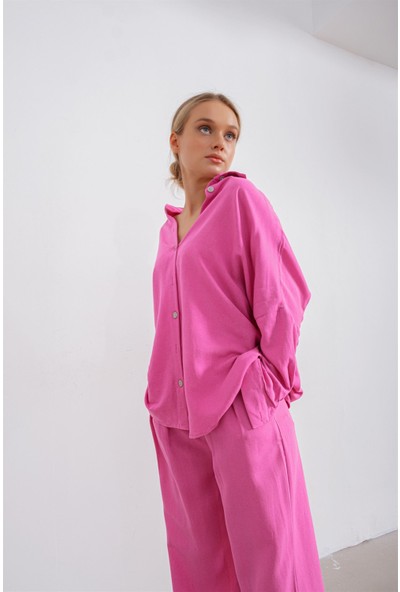 MyLove Oversize Ham Keten Gömlek Pembe