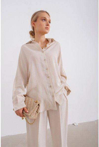 MyLove Oversize Ham Keten Gömlek Taş