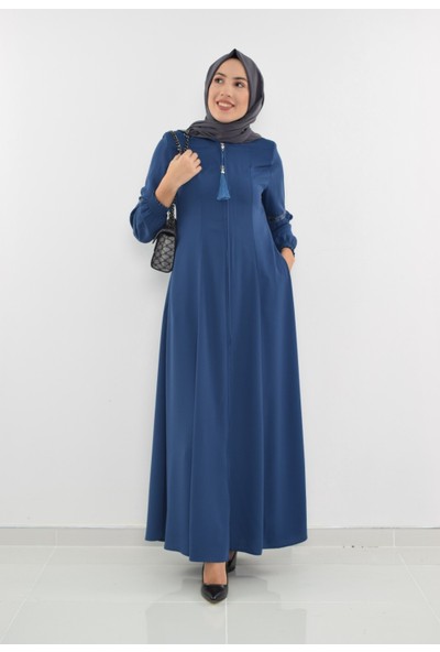 Moda Çizgi Kolları Desen Işlemeli Tesettür Ferace 1958 Indigo