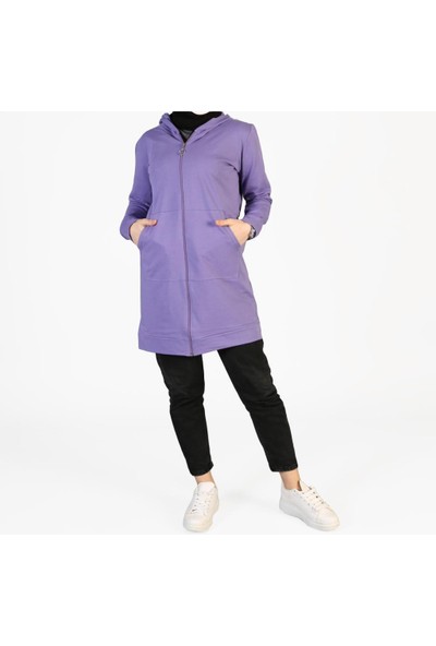 Hipatu Ön Fermuarlı Kapşonlu Mor Hırka