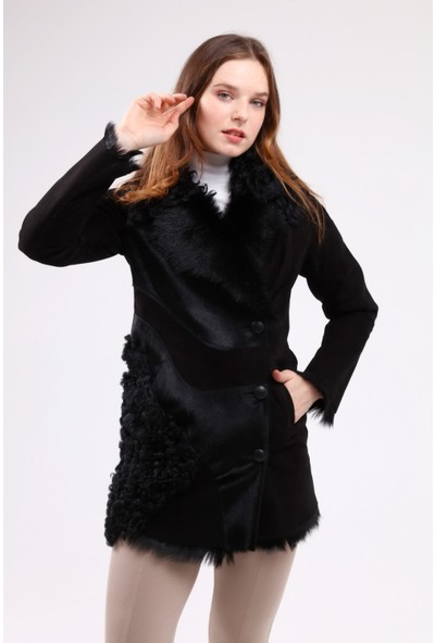 Leatinn Siyah Kadın Süet Deri Kaban