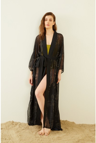 İvia Siyah Transparan Şifon Kimono Uzun