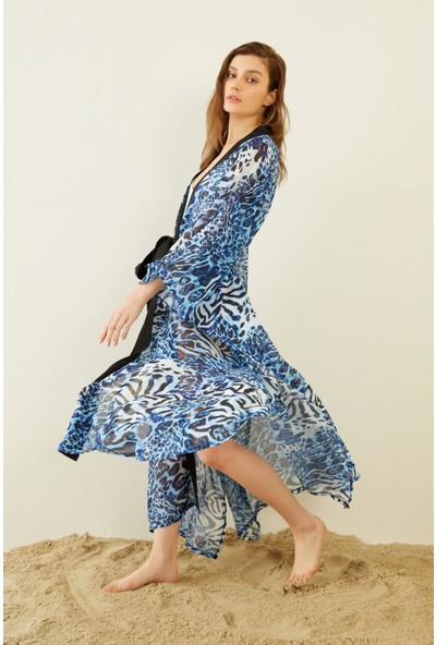 İvia Mavi Leopar Desen Şifon Kimono Uzun
