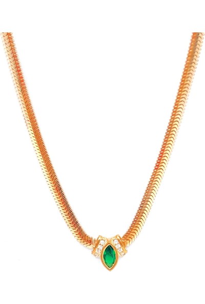 Mooije Silver Yeşil Taşlı Yassı Gold Gümüş Kolye