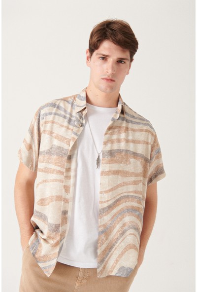 Avva Erkek Bej Baskılı Klasik Yaka Regular Fit Kısa Kol Viskon Gömlek A21Y2107