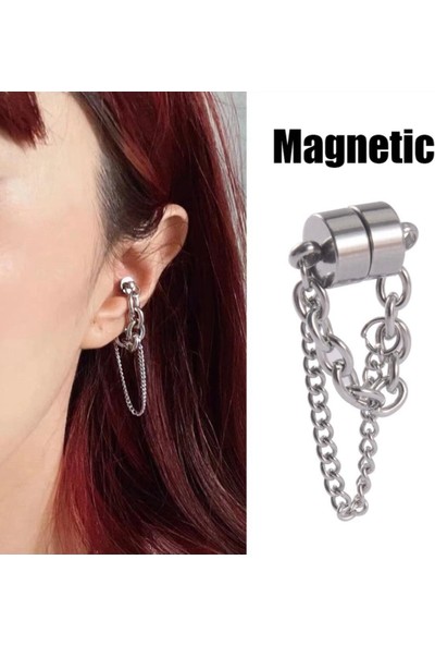 Alp Collection Mıknatıslı Sallantılı Paslanmaz Çelik Zincirli Tek Küpe