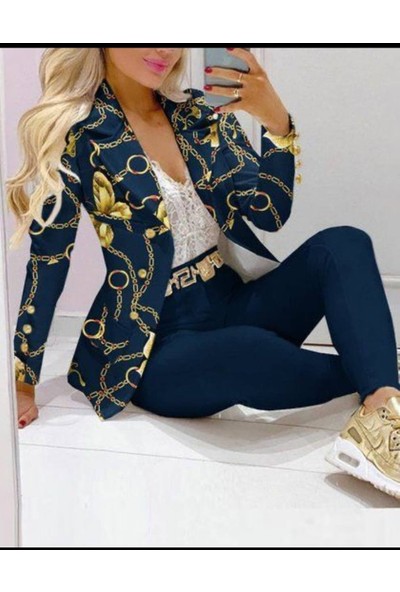 Rengamoda Atlas Kumaş Dijital Baskılı Ceket Pantolon Takım.