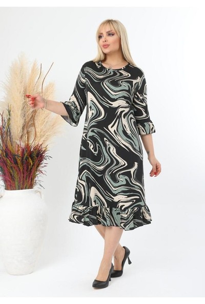 ViolettaXL Kadın Büyük Beden Kol Etek Fırfır Detay Esnek Viskon Elbise