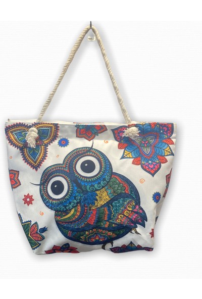 Nilnewshop Baskılı Yıkanabilir Plaj Çantası Baykuş Desenli NILBAG103