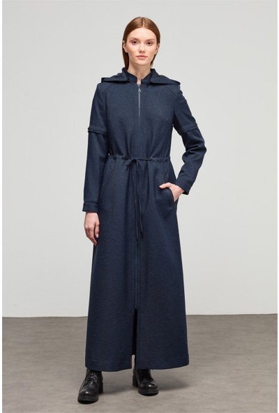 Nihan Beli Büzgülü Seyyar Kapşonlu Pardesü Lacivert