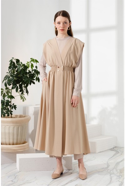 Nihan Beli Lastikli Kruvaze Yelek Bej