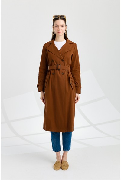 Nihan Kruvaze Kapama Kemerli Trençkot Kahve