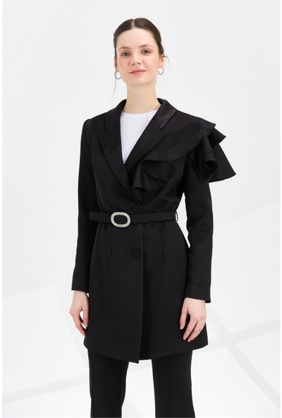 Nihan Omzu Volan Parçalı Taş Kemerli Abiye Ceket Siyah