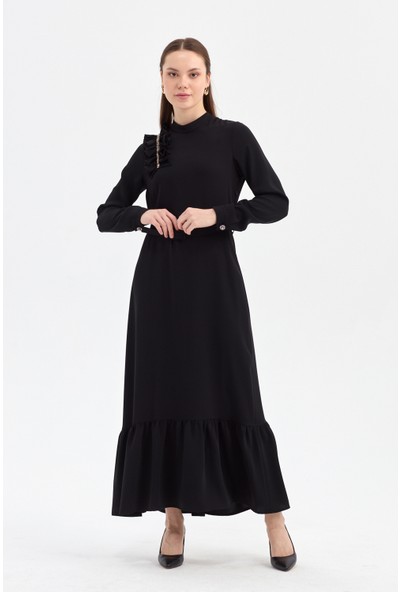 Nihan Fırfır ve Taşlı Kemerli Elbise Siyah