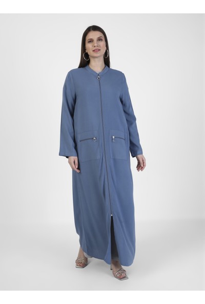 Alia Büyük Beden Doğal Kumaşlı Boydan Fermuarlı Ferace - Indigo - Alia