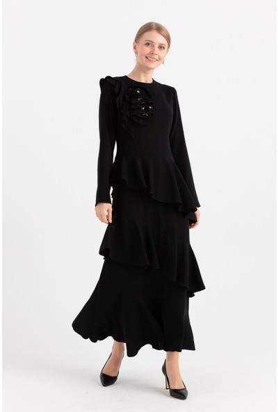 Gazella Fırfırlı Şık Elbise Siyah Gazella Fırfırlı Şık Elbise Siyah
