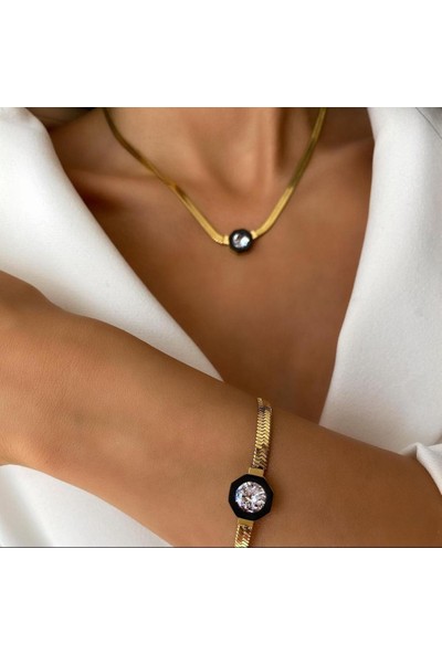 Qupa Store Taşlı Balık Sırtı Kolye & Bileklik Çelik Set