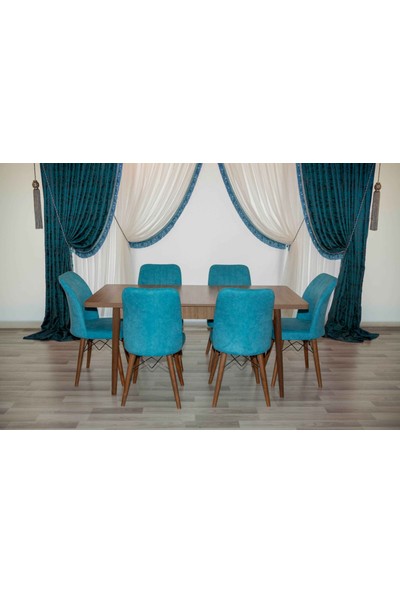 1453HOME Açılır Yemek Masası 6 Sandalyeli Ahşap Desen-Mavi Sandalyeli