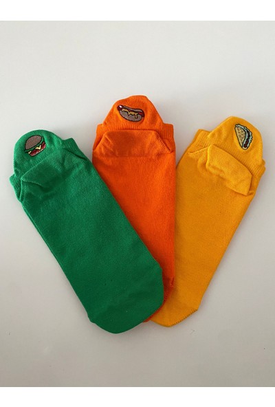 Akal Pamuklu Nakışlı Patik Kadın Çorap 3'lü