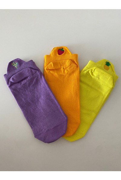 Akal Pamuklu Nakışlı Patik Kadın Çorap 3'lü