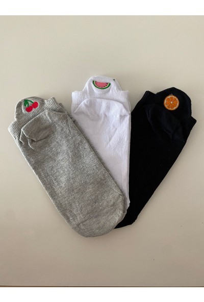 Akal Pamuklu Nakışlı Patik Kadın Çorap 3'lü