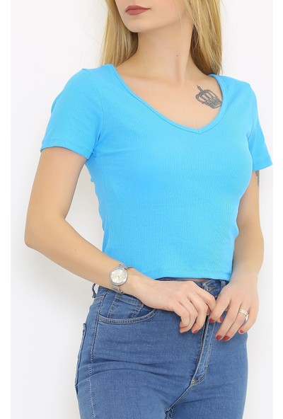 V Yaka Bluz Açıkmavi - 8695.1092.