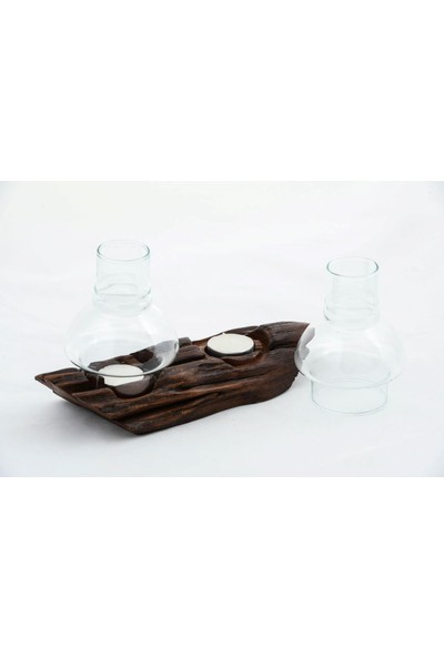 Bonnus Tasarım Ürünü Tik Ağacı El Yapımı Camlı Ikili Mumluk