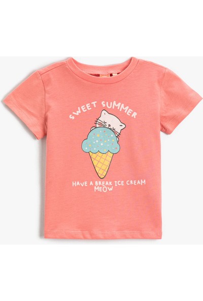 Koton Dondurma Baskılı Tişört Kısa Kollu Bisiklet Yaka Pamuklu