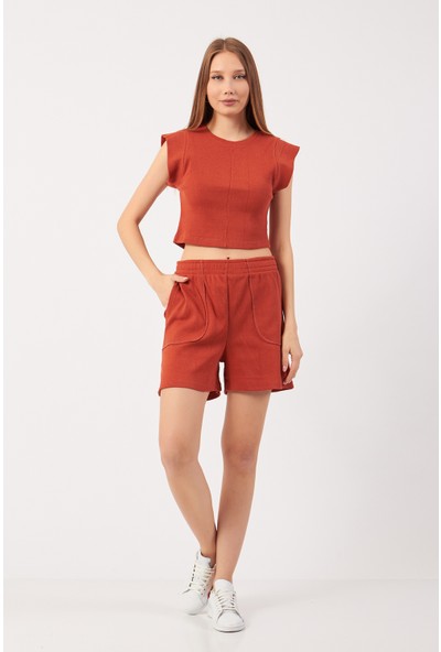 New Fashion Tarçın Pamuklu Kaşkorse Şort Crop Bluz Takım