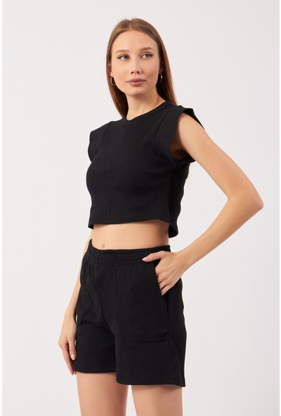 New Fashion Siyah Pamuklu Kaşkorse Şort Crop Bluz Takım