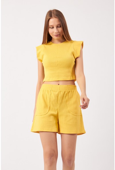 New Fashion Sarı Pamuklu Kaşkorse Şort Crop Bluz Takım