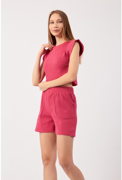 New Fashion Fuşya Pamuklu Kaşkorse Şort Crop Bluz Takım