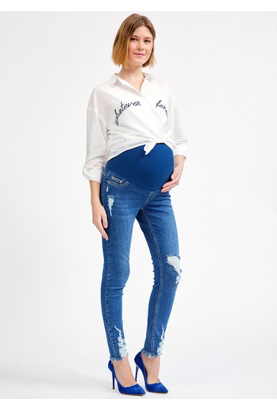 Big Time Yırtık Detaylı Hamile Denim Pantolon Big Time Yırtık Detaylı Hamile Denim Pantolon