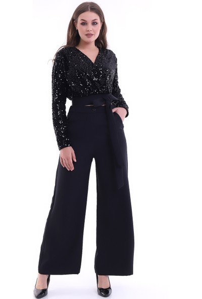 Ottawe Kadın Yüksek Bel Pantolon Pul Payetli Yandan Bağlamalı Bluz Ikili Takım OTTW-8008 Ottawe Kadın Yüksek Bel Pantolon Pul Payetli Yandan Bağlamalı Bluz Ikili Takım OTTW-8008