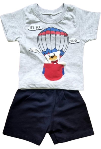 Senem Collection Erkek Çocuk Peluş Ayıcıklı Uçan Balon Basklı Altı & Üst Takımı-Gri