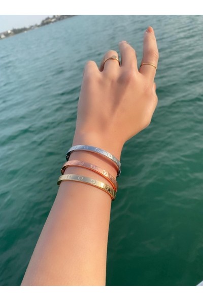 Jelen Aksesuar Kombin 3'lü Set Taşsız Ince Cartier Çelik Kelepçe Bileklik