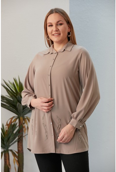 Rmg Eteği Taş Işlemeli Büyük Beden Vizon Gömlek Rmg Eteği Taş Işlemeli Büyük Beden Vizon Gömlek