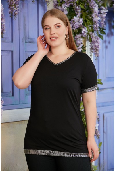 Rmg Varak Garnili Büyük Beden Siyah Tişört