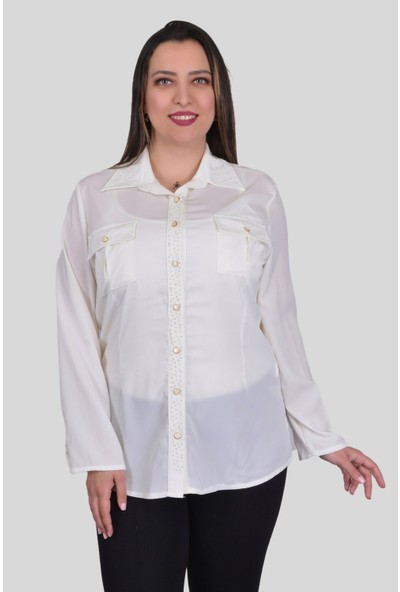 Sude Svp Boncuk Baskılı Şifon Krem Bluz 3310