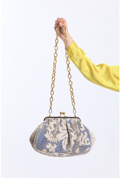 Sermio Lacivert Astarlı Deri Dantel Vintage Çanta
